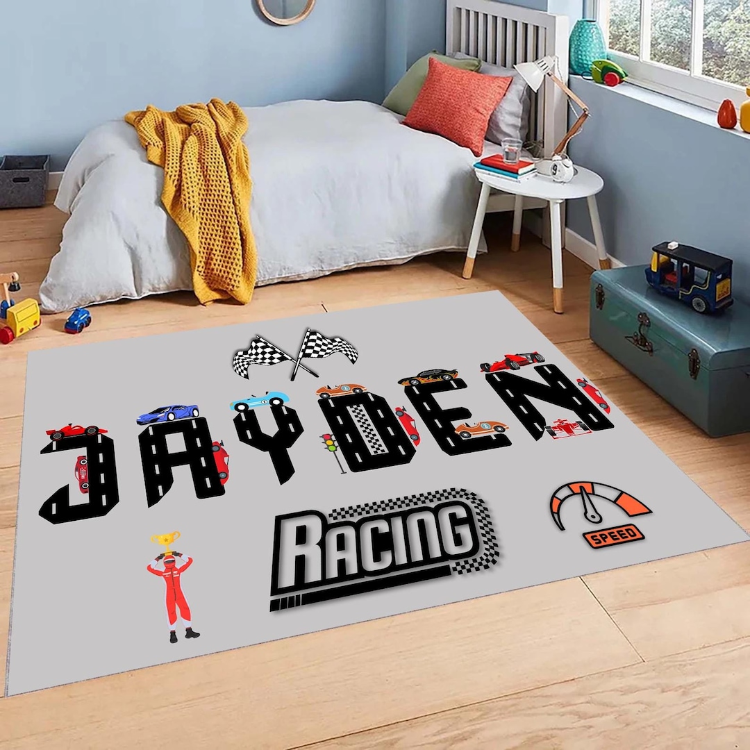 Personalized Racing Car Rug for Kids, Custom Name Race Track Play Mat ...