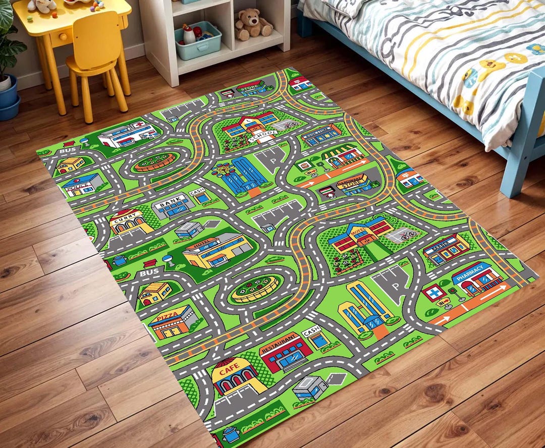 Town Map Road Play Rug for Kids Room | Colorful Car Track Activity ...