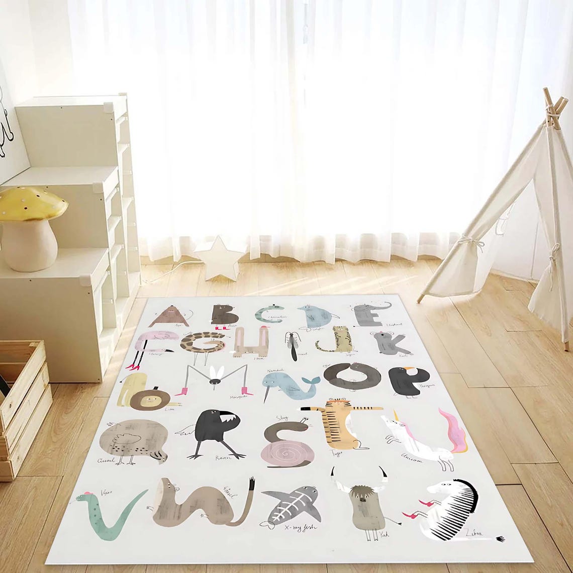 Alphabet Animal Rug for Kids Room With ABC Letters and Cute Creatures ...