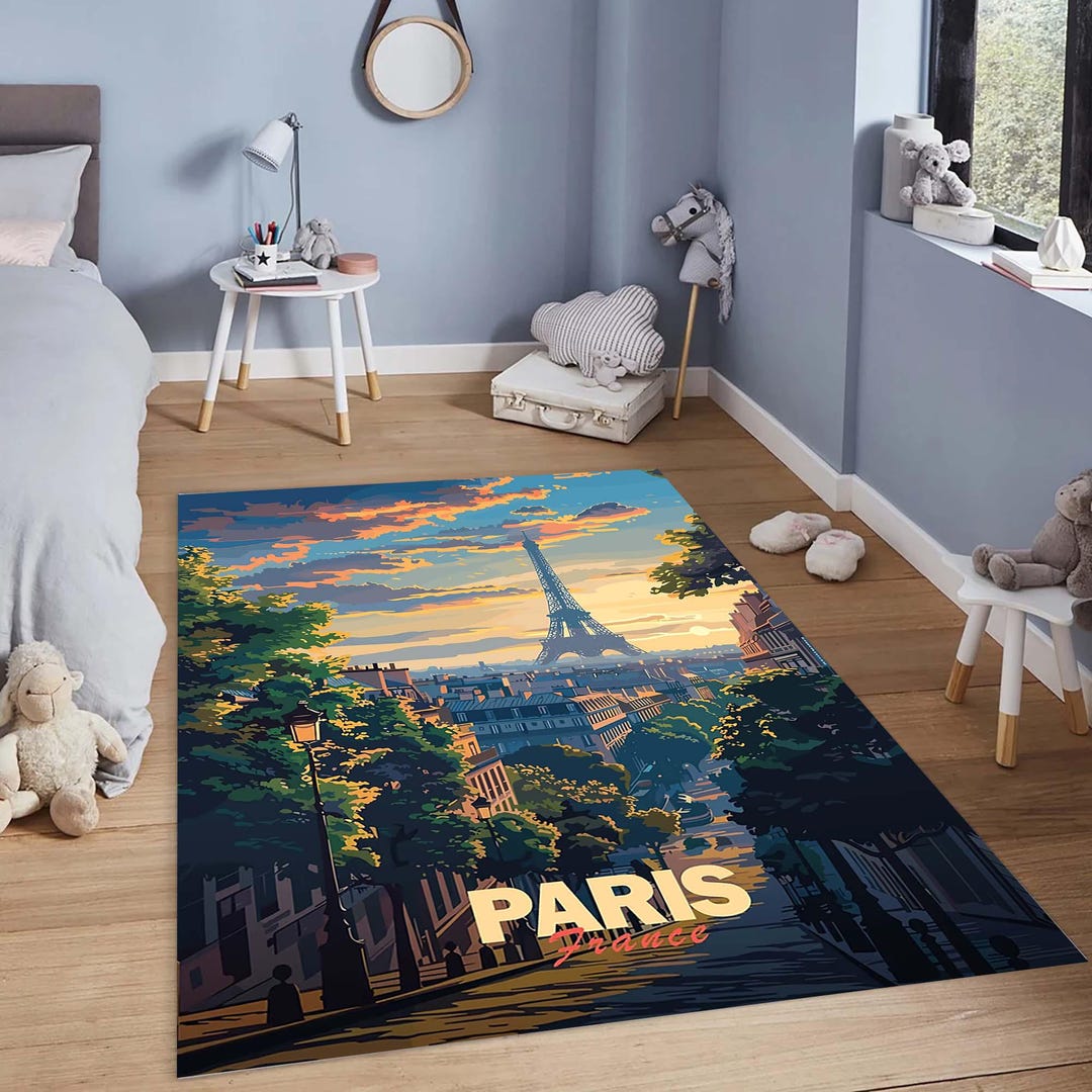 Paris Sunset Rug: Eiffel Tower Illustration, French Cityscape Decor - Etsy