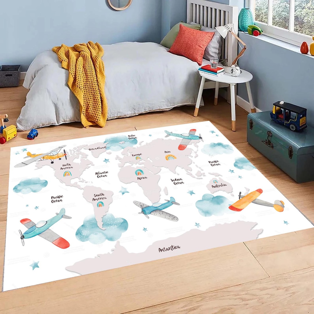Kids World Map Rug With Airplanes, Educational Playroom Carpet, Soft ...