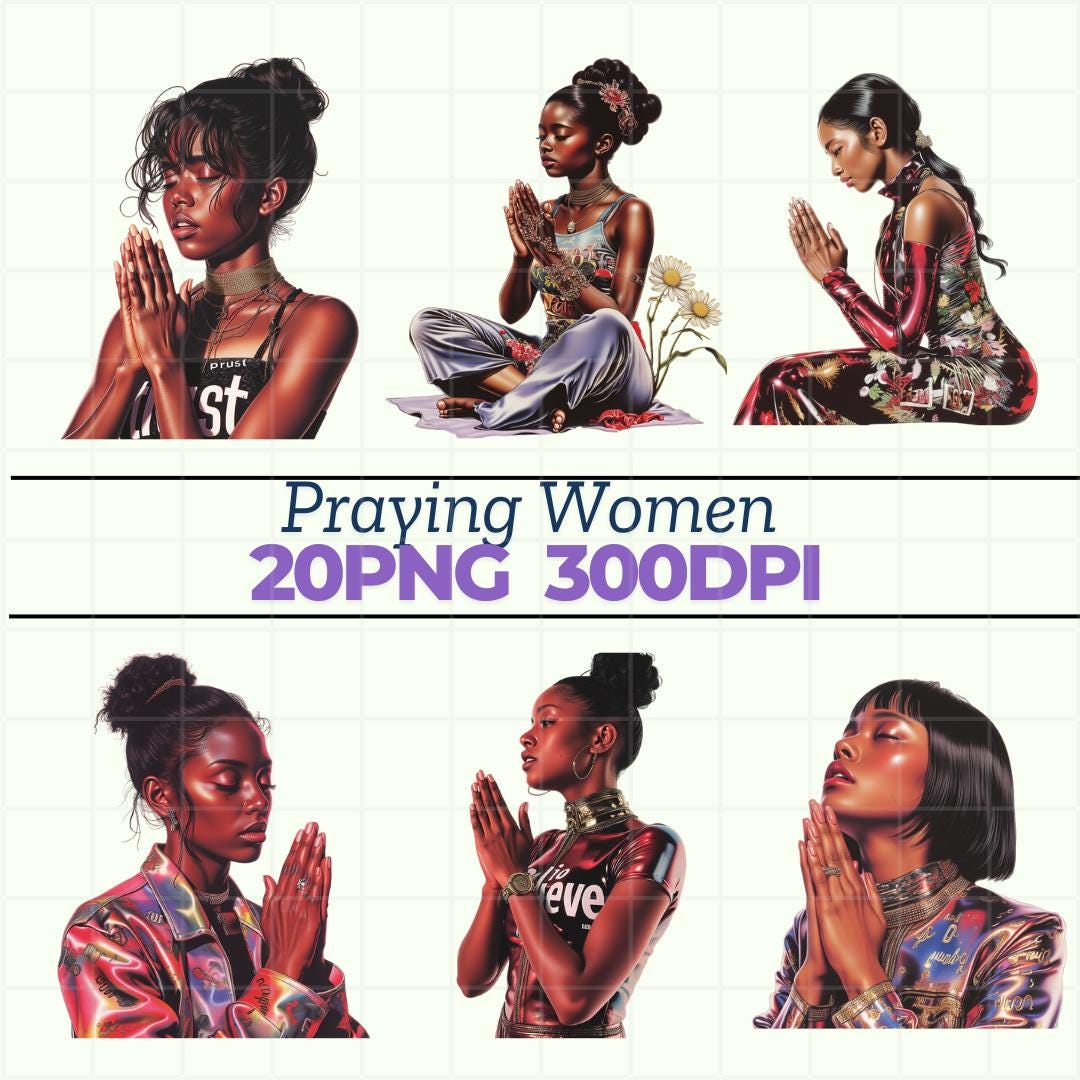 20 Black Women Praying Clipart Bundle | Black Faith PNG | Blessed Christian Girls Clip Art ...