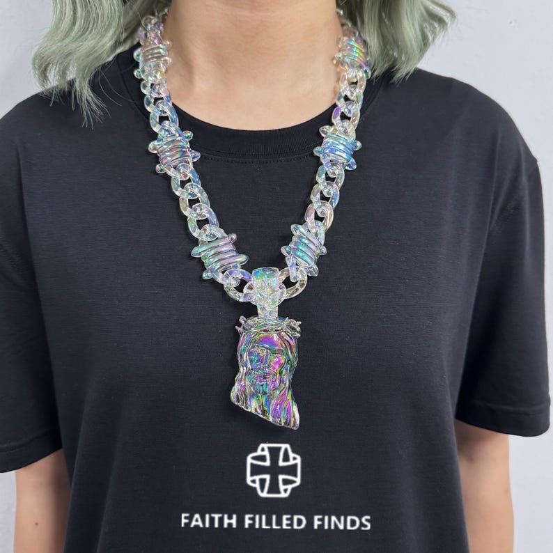 Jesus Pendant With Clear Barbed Wire Chain Necklace, Christian ...