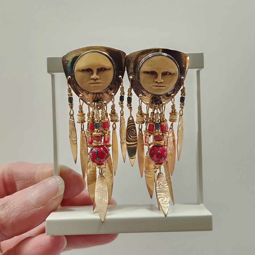 Vintage Rare Tabra "celestial Moon Face" Dangle Gold Tone Earrings ...