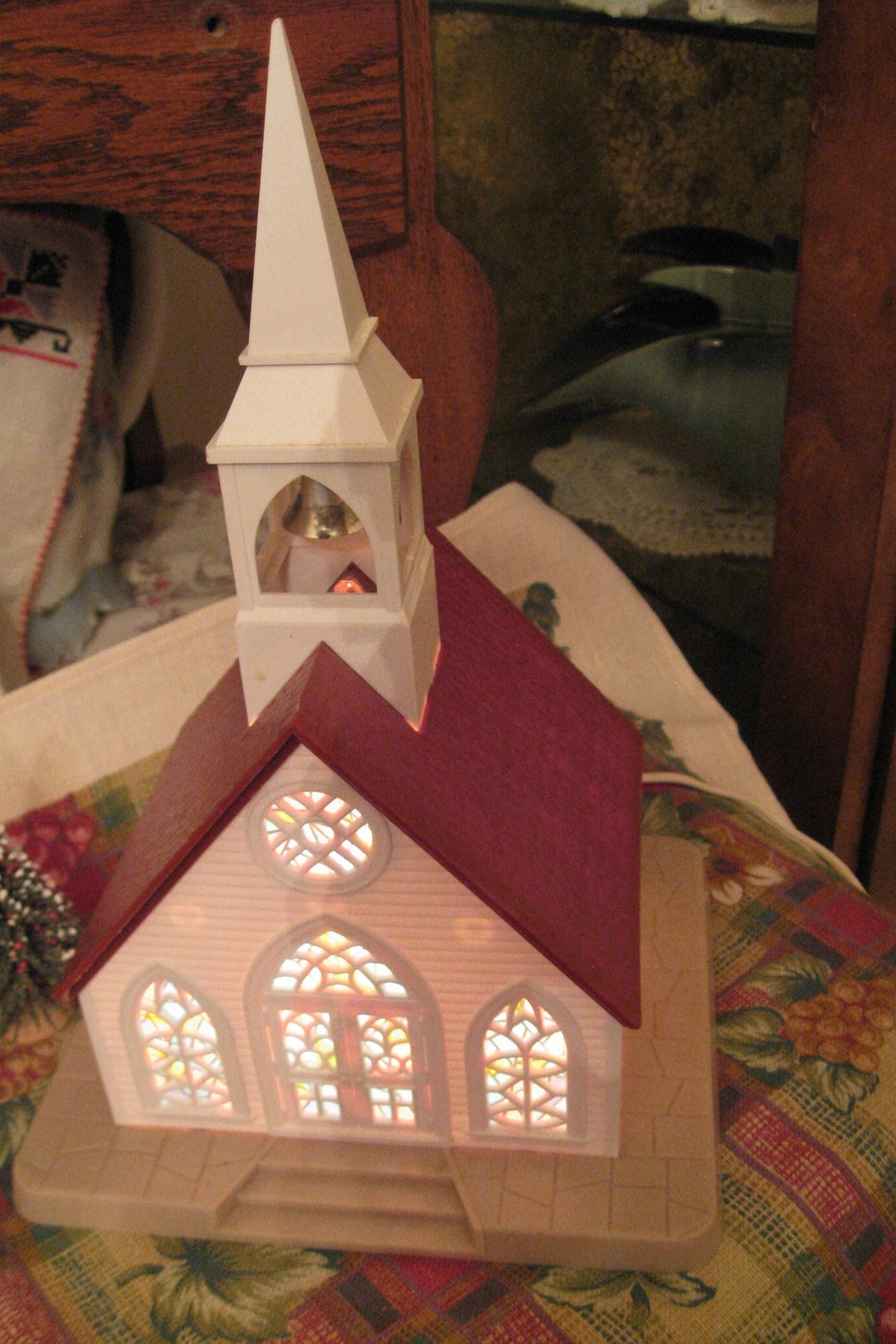 Mid Century Plastic Lighted Church, Stained Glass Windows, Regency ...