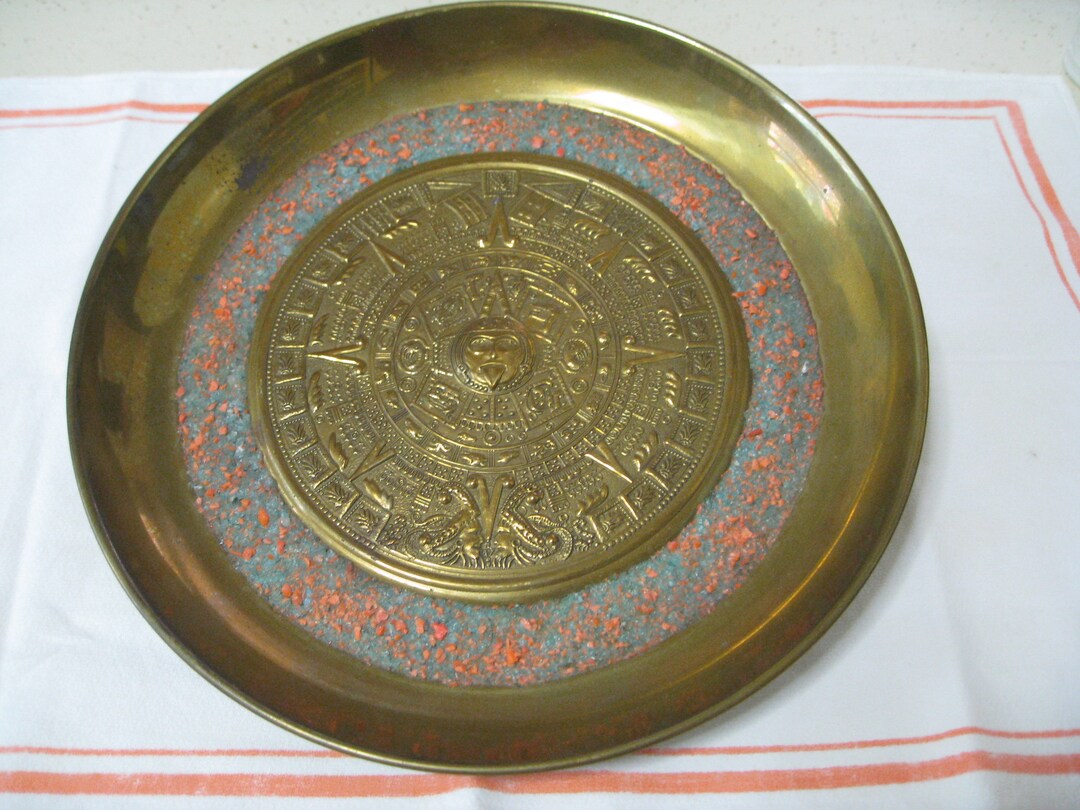 Mexican Folk Art Brass Plate, Aztec Wall Art, Mayan Callendar, Mexican ...
