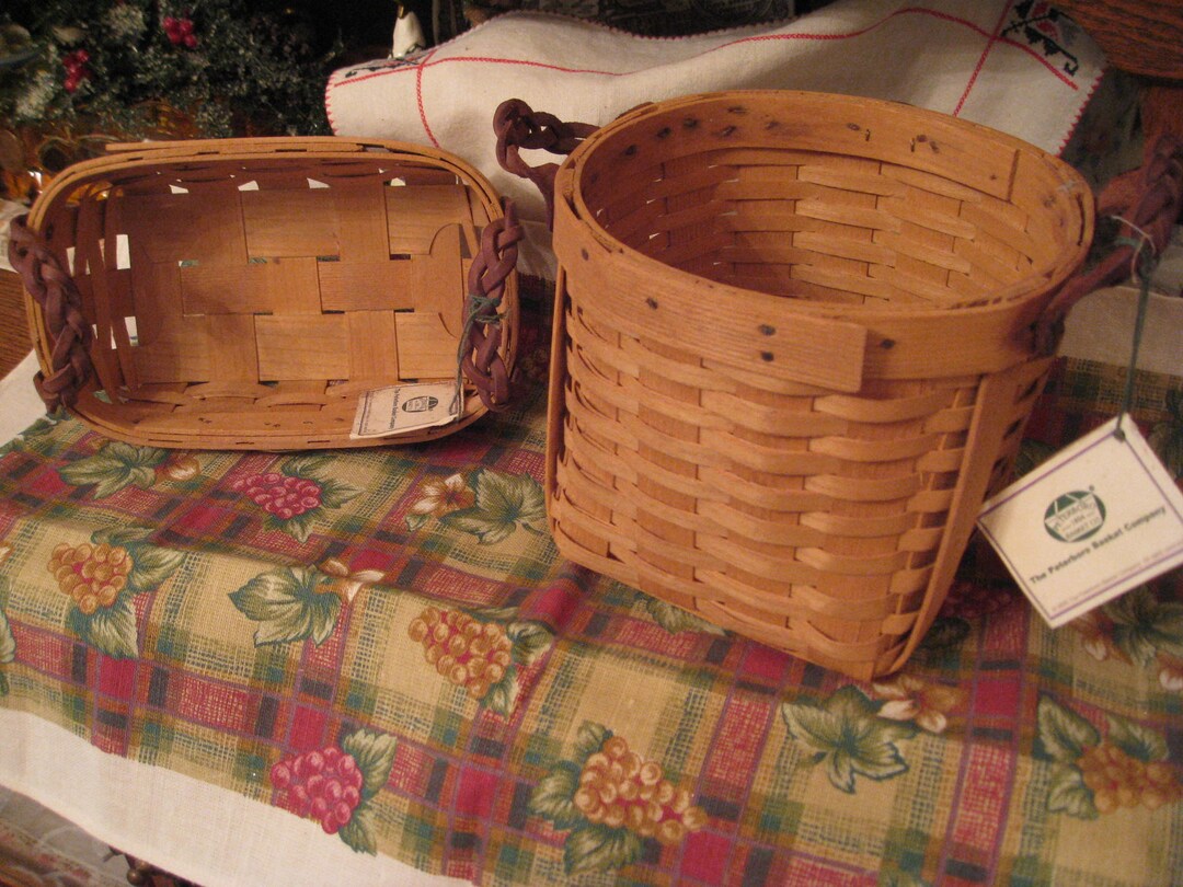 Pair of Handmade Peterboro Baskets W/braided Leather Handles, With Tags ...