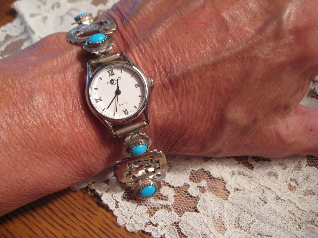 Sterling Silver Turquoise Watch Band W/working Quartz Watch, Silvermoon ...