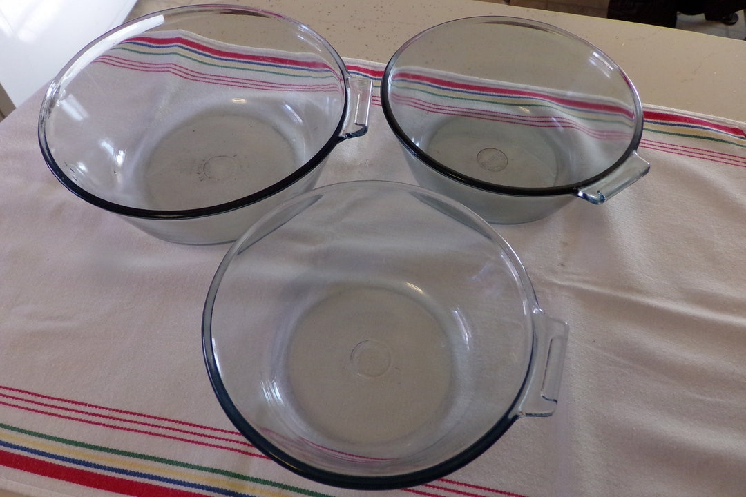 Set of 3 Pyrex Flameware Bowls, Sauce Pans, Tempered Glass, Blue Pyrex ...