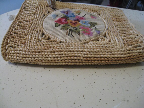 Mid Century Petit Point Rattan Purse, Needlepoint Han… - Gem