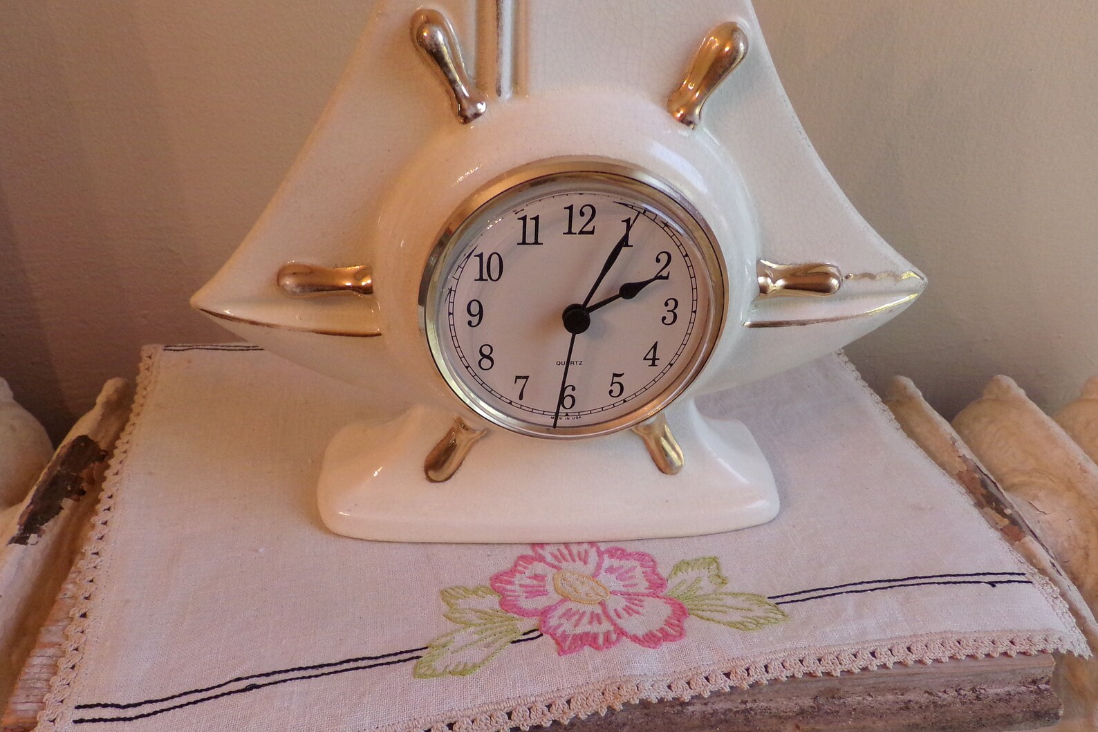Vintage White Ceramic Mantle Clock Schooner Sailboat Non - Etsy