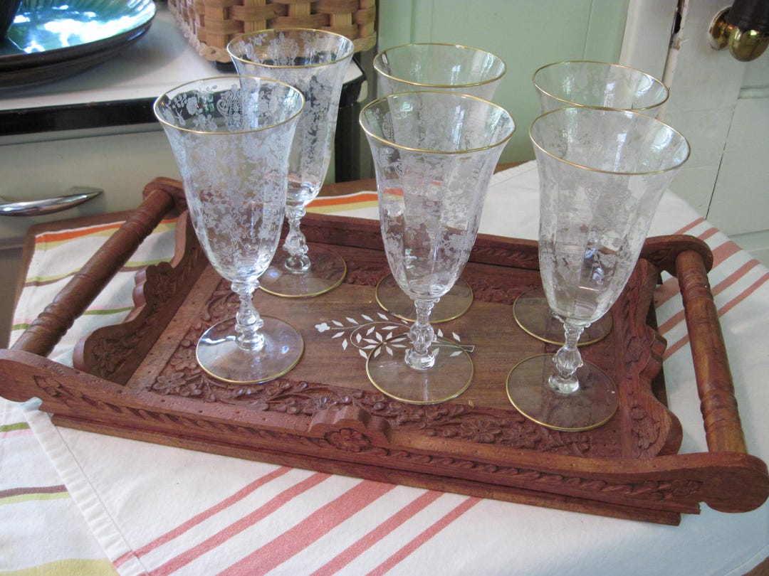 Lovely (6) Etched Crystal Glass Wine or Water Goblets, Gold Rims ...
