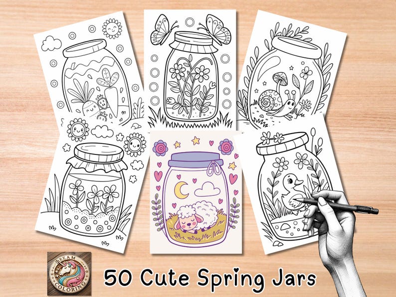 50 Kawaii Spring Jar Coloring Pages: Floral Designs (digital Download ...
