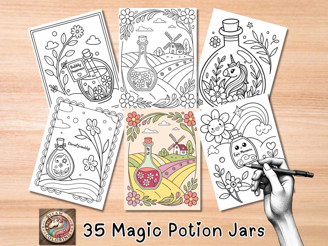 35 Bold and Easy Coloring Book, Cute Magic Potion Jars, Simple Coloring ...