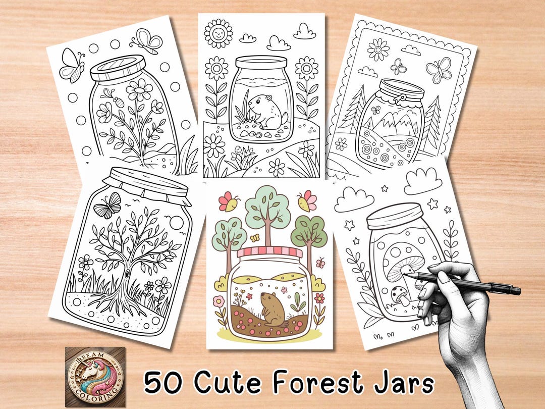 Bold and Easy Coloring Pages, Cute Kawaii Forest Jar Coloring Book ...