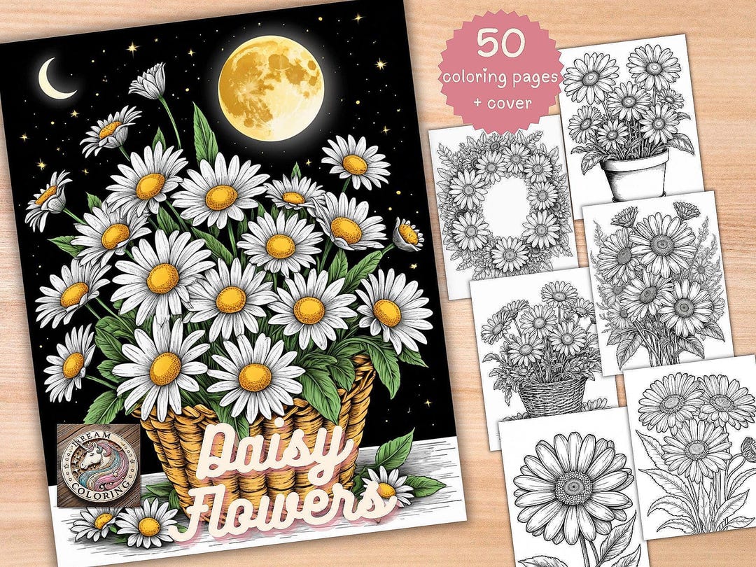 50 Daisies Coloring Book, Printable PDF, Botanical Floral Plant ...