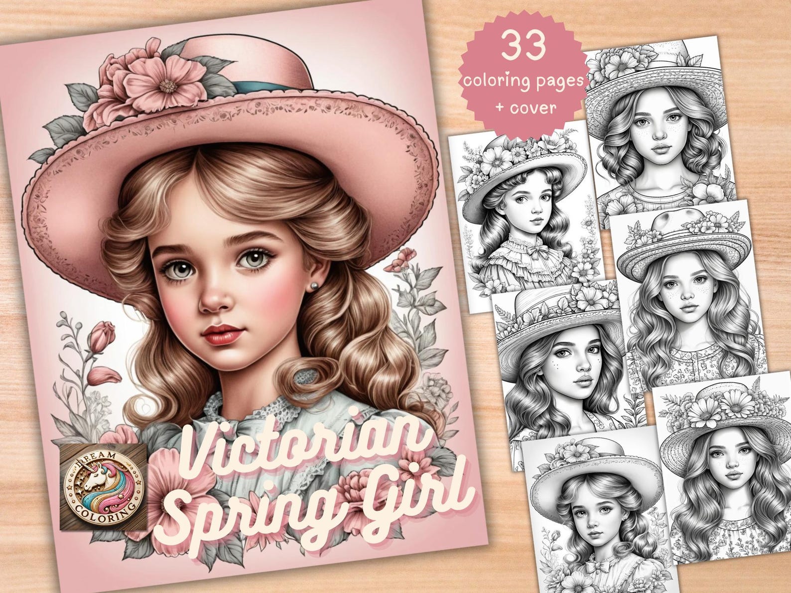Victorian Spring Girl Coloring Book: 33 Grayscale Pages (digital ...