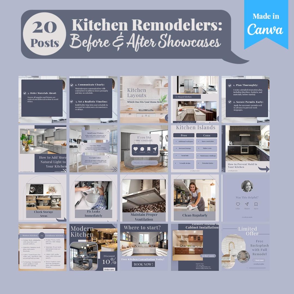 Kitchen Remodeling Social Media Template Pack: 250 Editable Canva Posts ...
