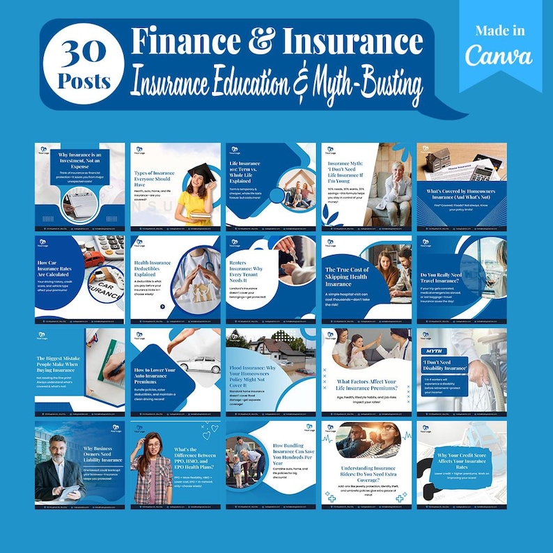 Finance & Insurance Instagram Template Pack: 250 Editable Canva Posts ...