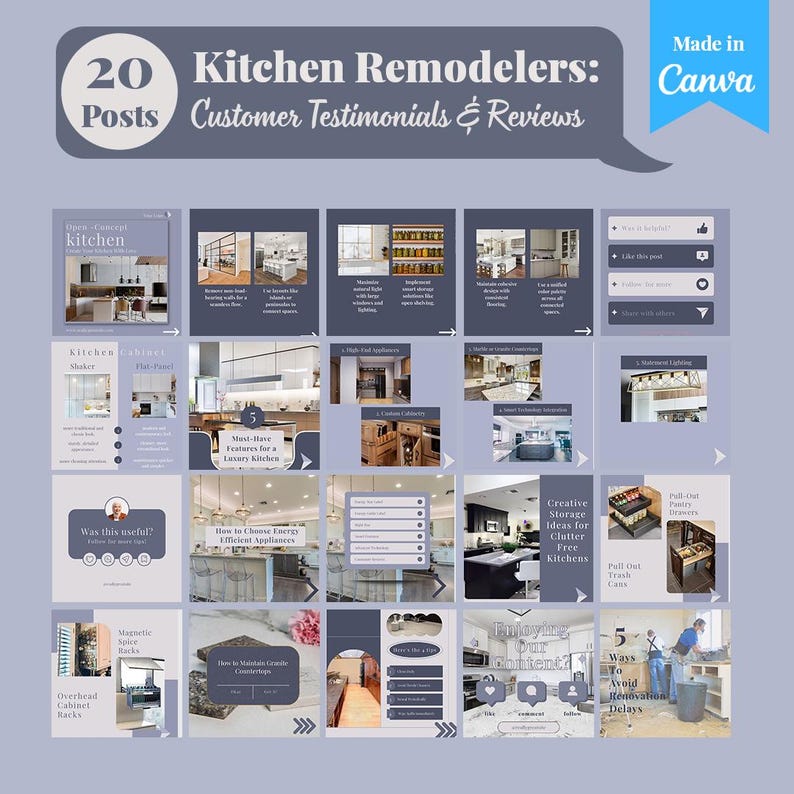 Kitchen Remodeling Social Media Template Pack: 250 Editable Canva Posts ...