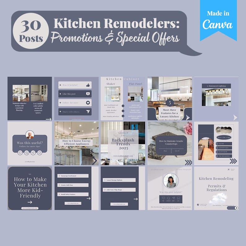 Kitchen Remodeling Social Media Template Pack: 250 Editable Canva Posts ...