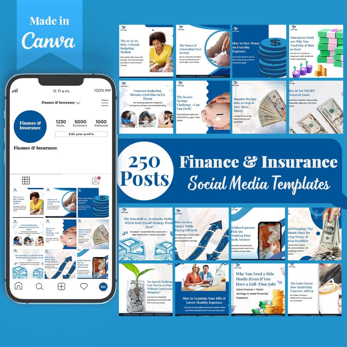 Finance & Insurance Instagram Template Pack: 250 Editable Canva Posts ...