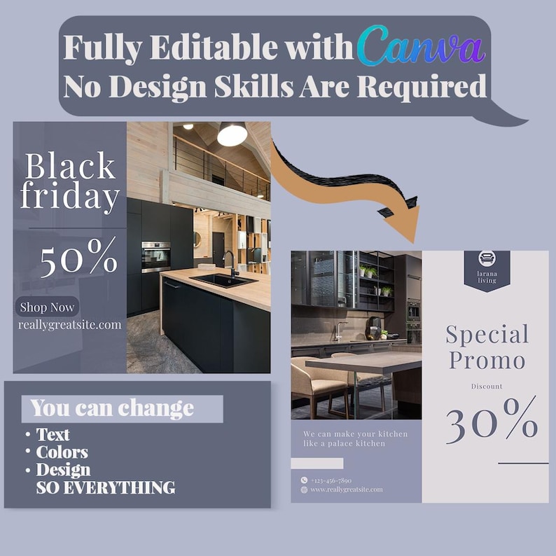 Kitchen Remodeling Social Media Template Pack: 250 Editable Canva Posts ...