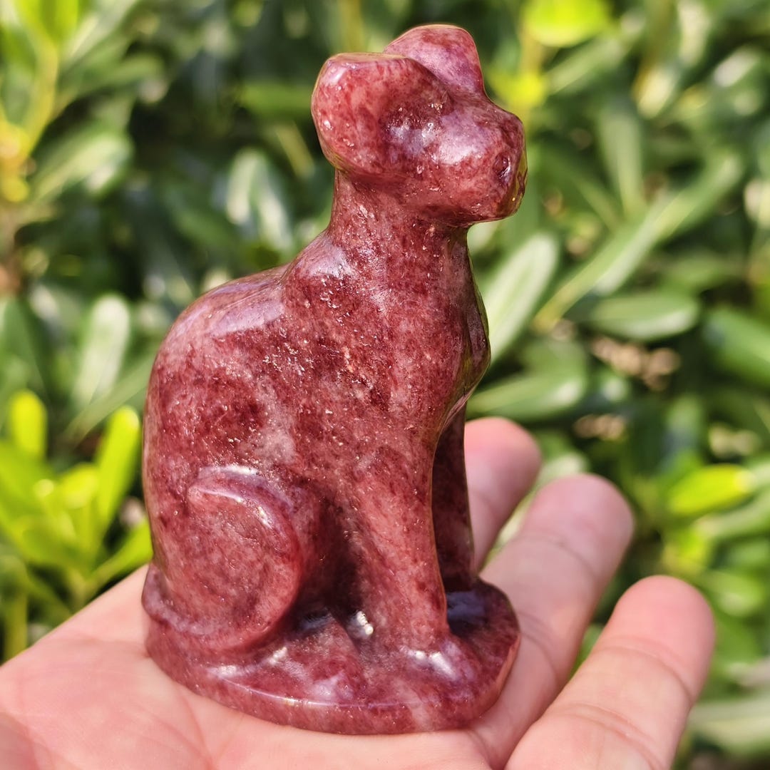 Hand Carved Clear Quartz & Strawberry Quartz Cat Figurine: Natural ...