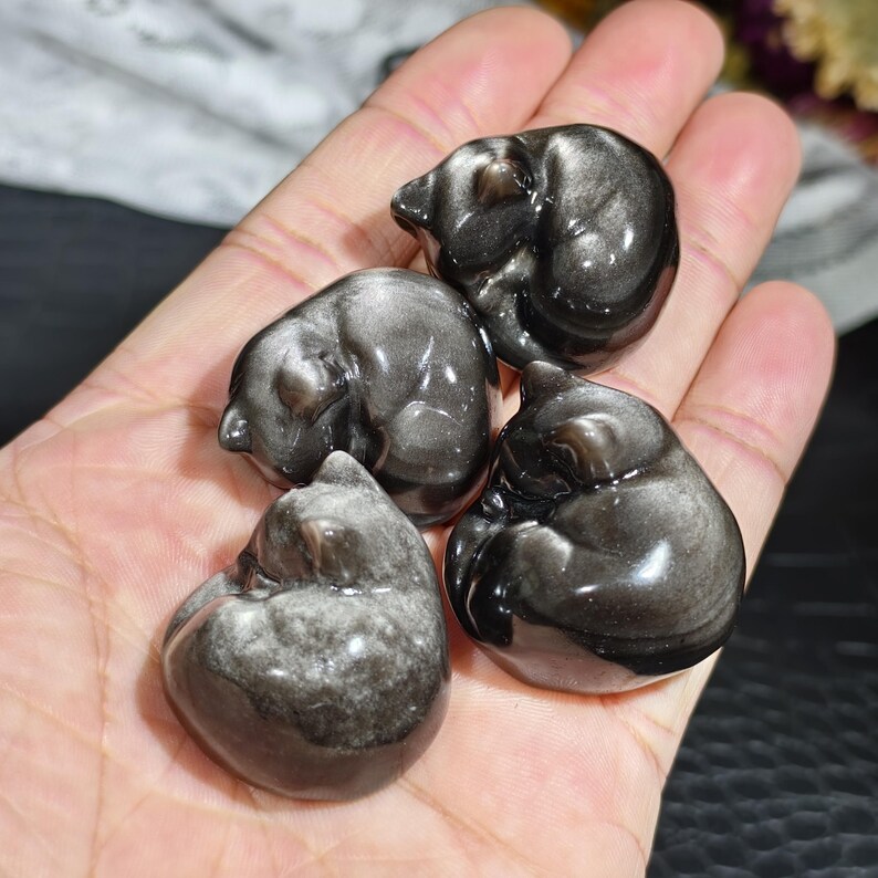 Hand Carved Silver Obsidian Cat Figurine: Natural Crystal Sculpture - Etsy