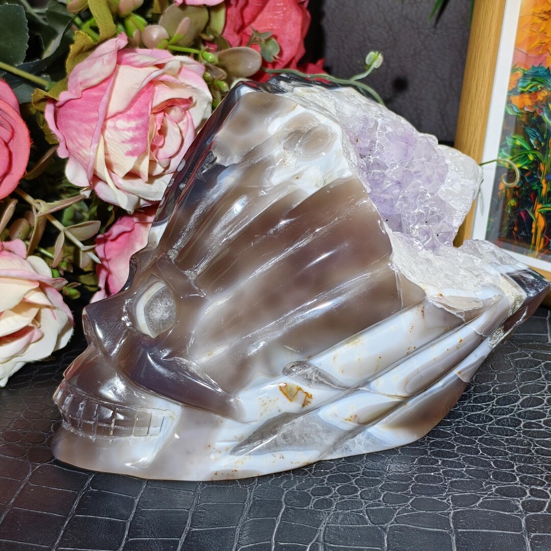 Amethyst Agate Geode Skull Sculpture, Home Decor, Crystal Skull ...