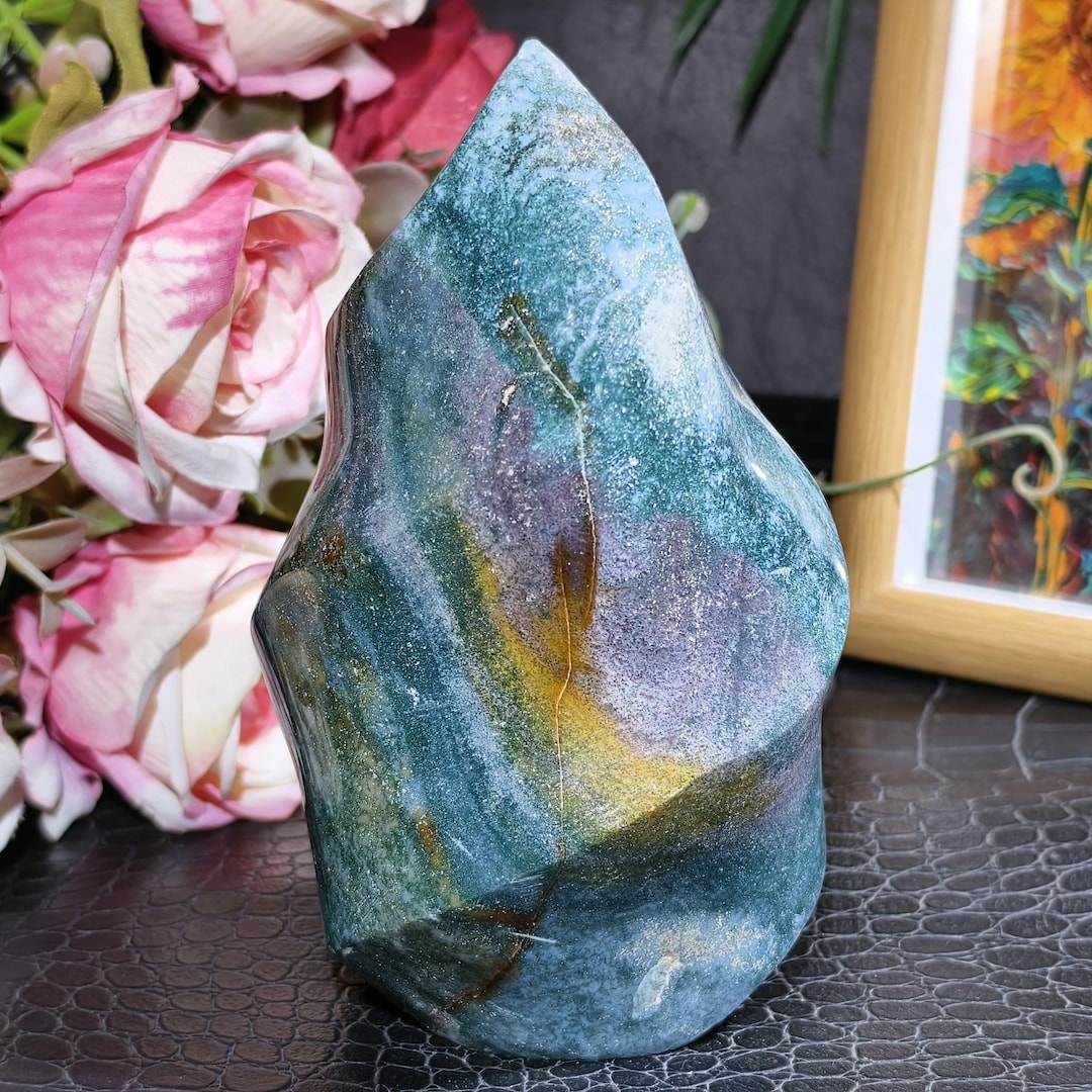 Polished Ocean Jasper Flame: Healing Crystal Sculpture, Home Decor ...