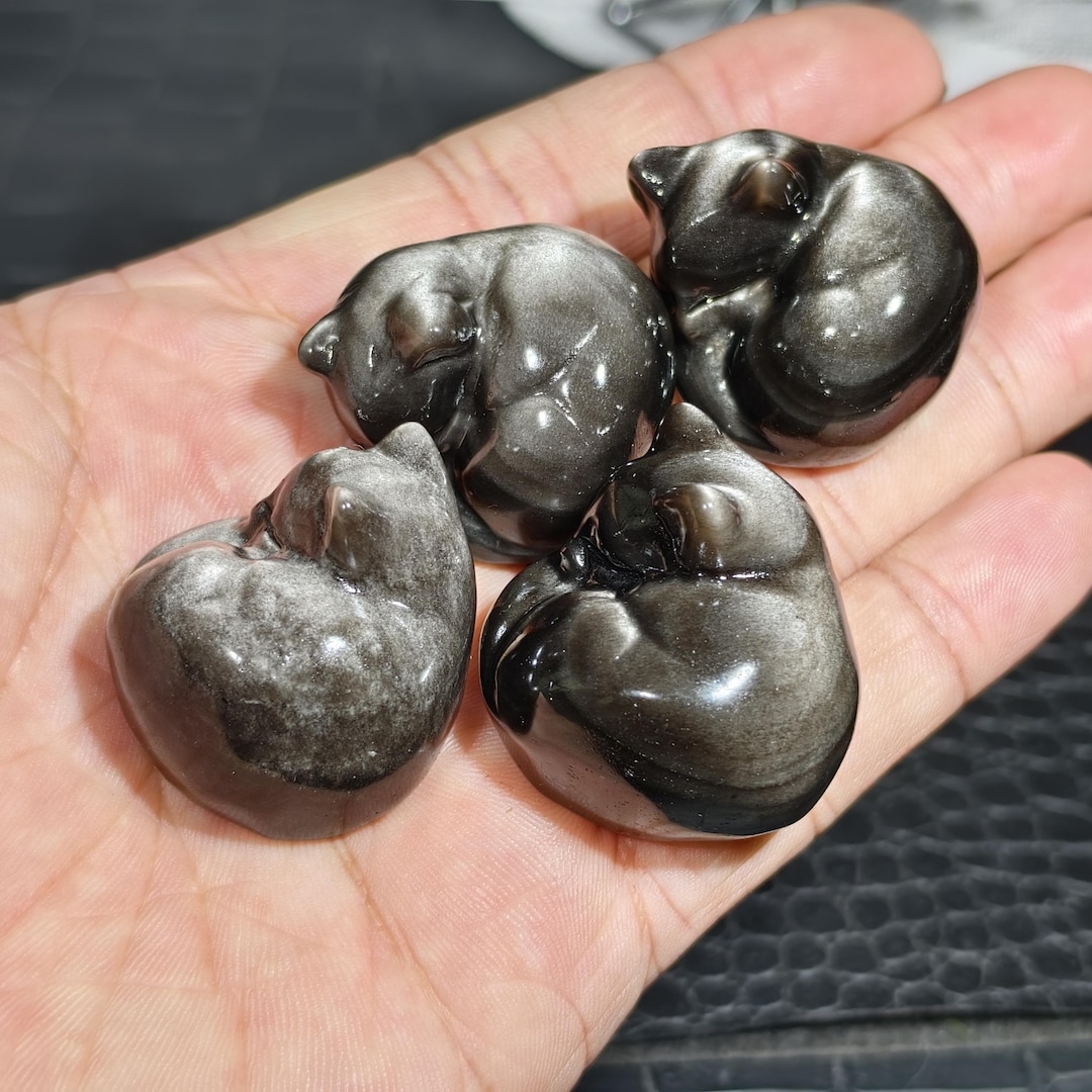 Hand Carved Silver Obsidian Cat Figurine: Natural Crystal Sculpture - Etsy