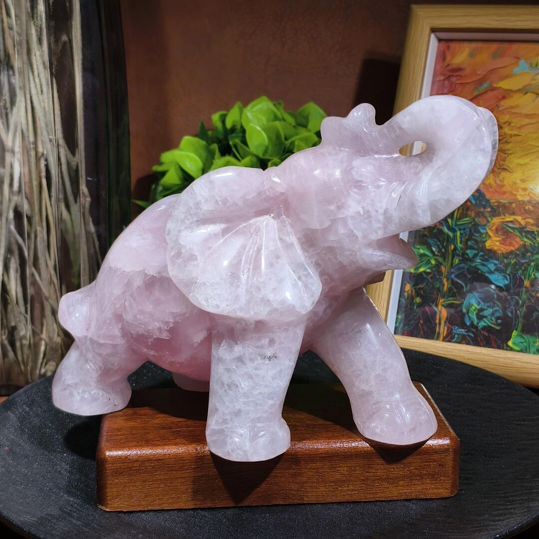 Rose Quartz Elephant Figurine: Hand-carved Healing Crystal Decor ...