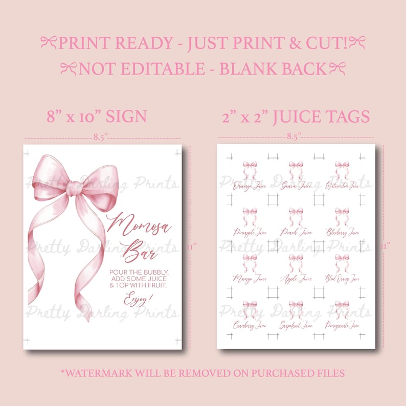 Pink Bow Momosa Bar Sign Printable Mimosa Bar Sign Juice Labels Pink ...