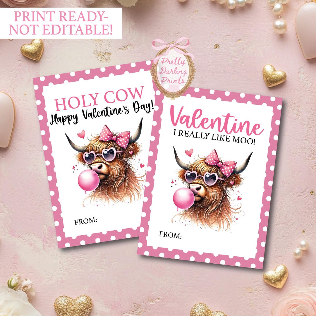 Highland Cow Valentines Day Cards Printable Valentine for Kids ...