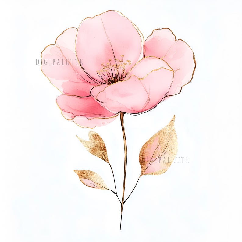 12 Abstract Flowers Clipart, Pink Gold Flower, Printable Watercolor ...