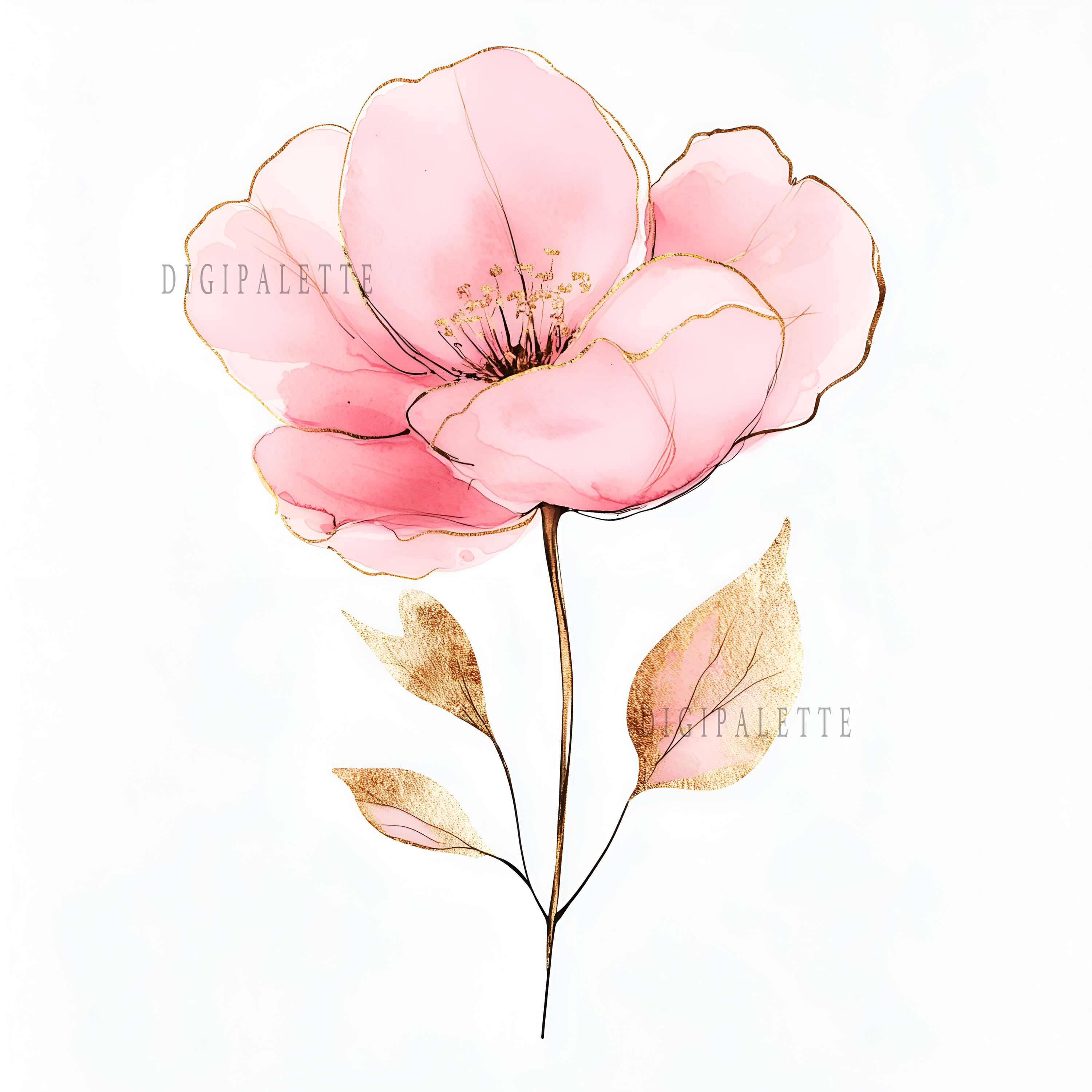 12 Abstract Flowers Clipart, Pink Gold Flower, Printable Watercolor ...