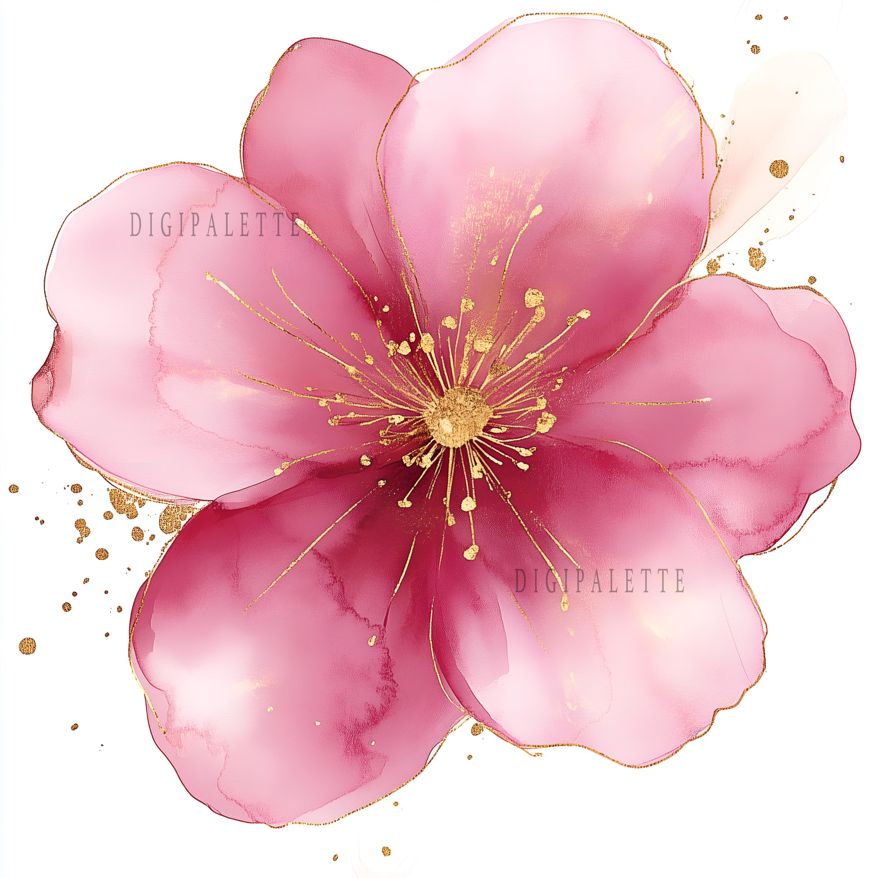 12 Abstract Flowers Clipart, Pink Gold Flower, Printable Watercolor ...
