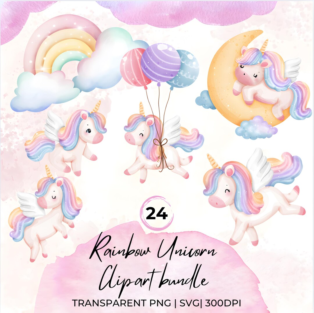 24 Watercolor Rainbow Unicorn Clipart, Magic Baby Unicorn PNG SVG ...