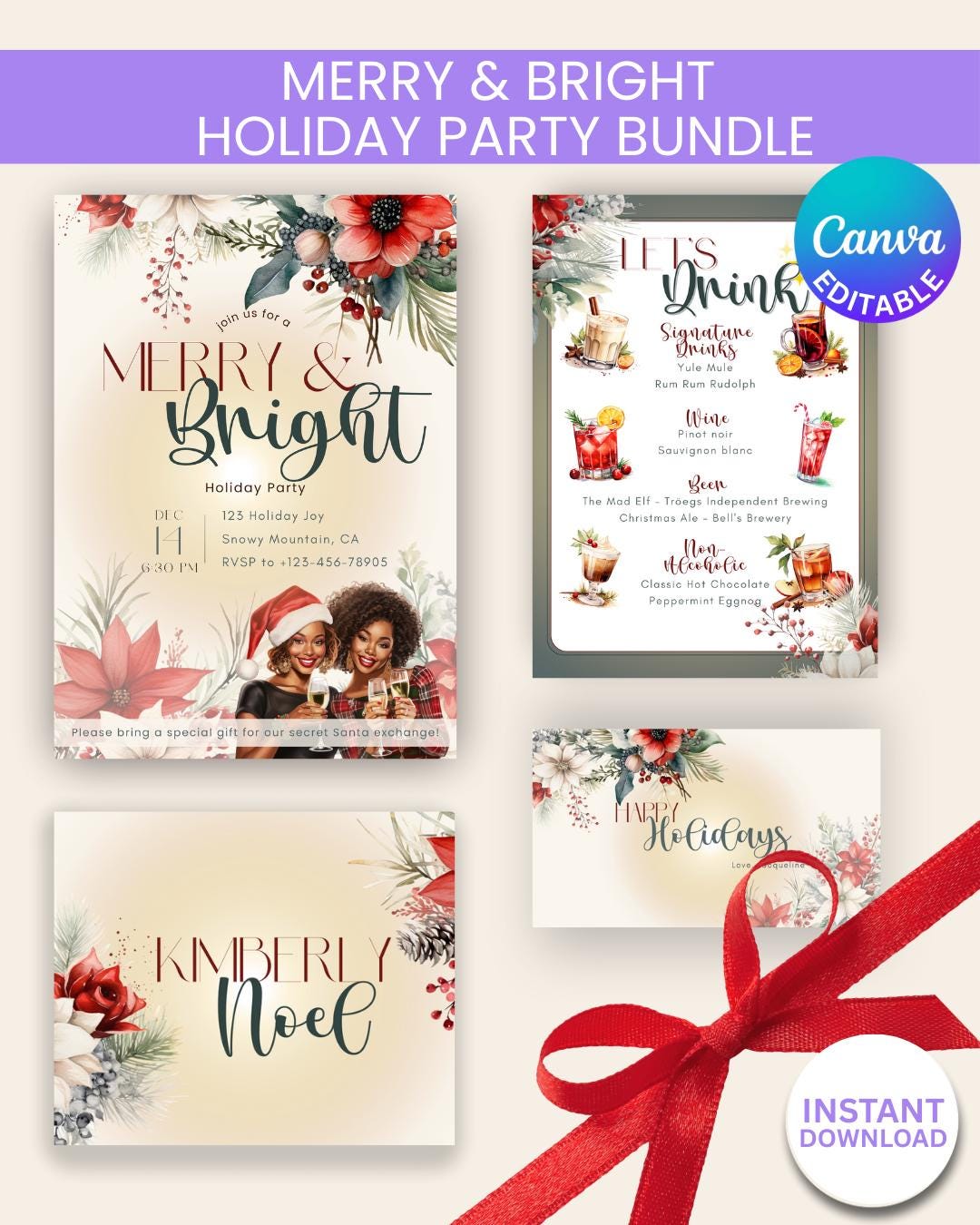 Editable Holiday Party Bundle | Invitation, Place Cards, Menu (canva ...