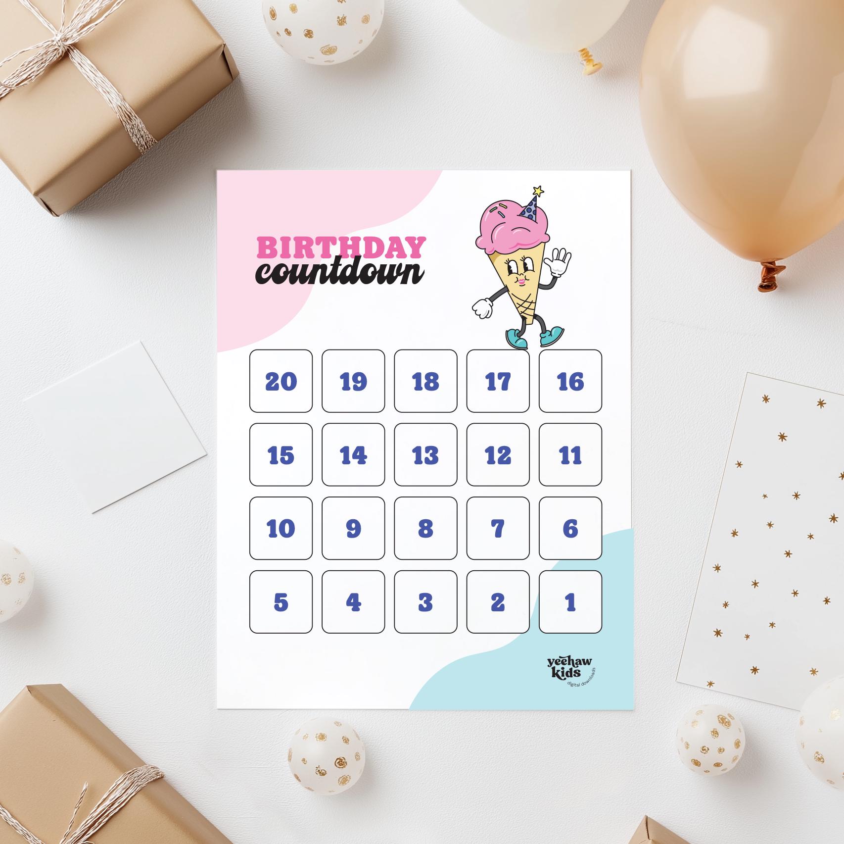 Printable Birthday Countdown Calendar: Retro Ice Cream Mascot (digital ...