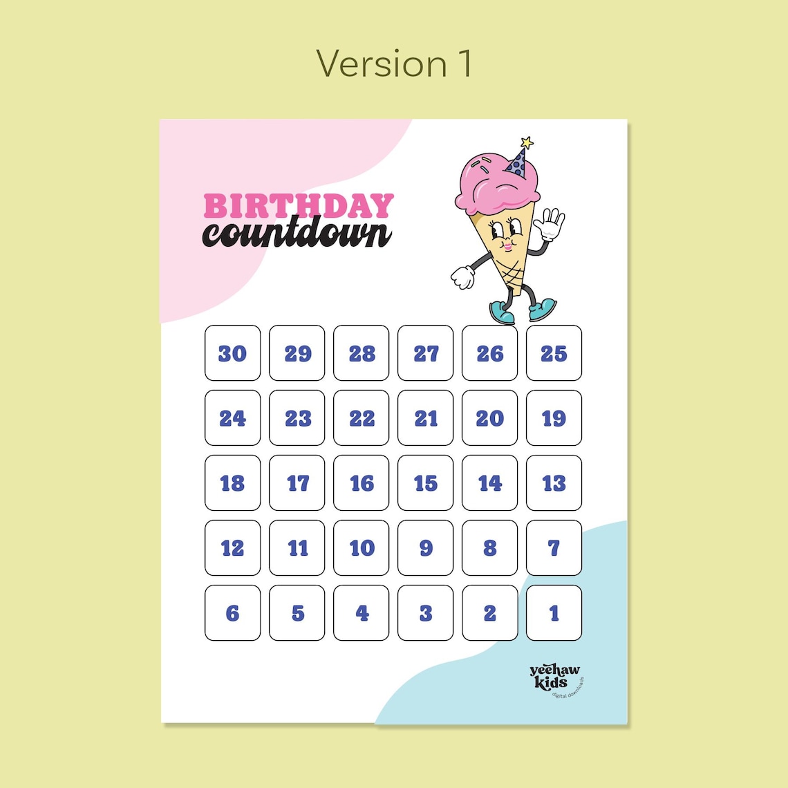 Printable Birthday Countdown Calendar: Retro Ice Cream Mascot (digital ...