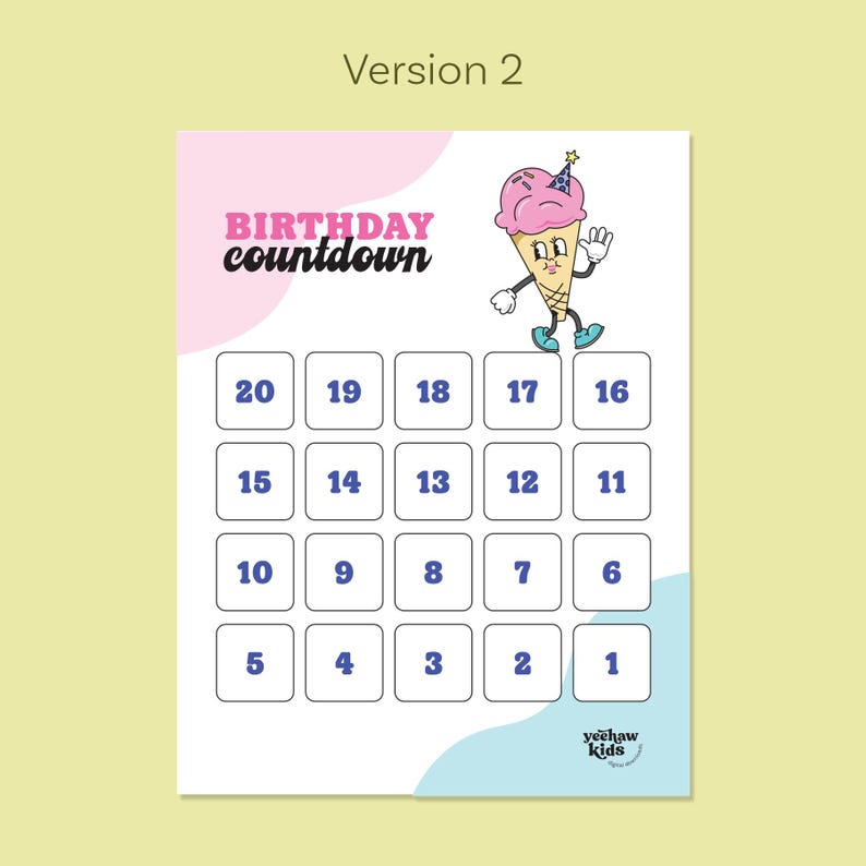Printable Birthday Countdown Calendar: Retro Ice Cream Mascot (digital ...