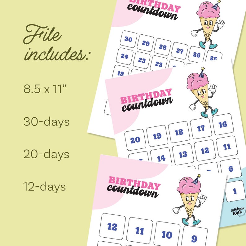 Printable Birthday Countdown Calendar: Retro Ice Cream Mascot (digital ...