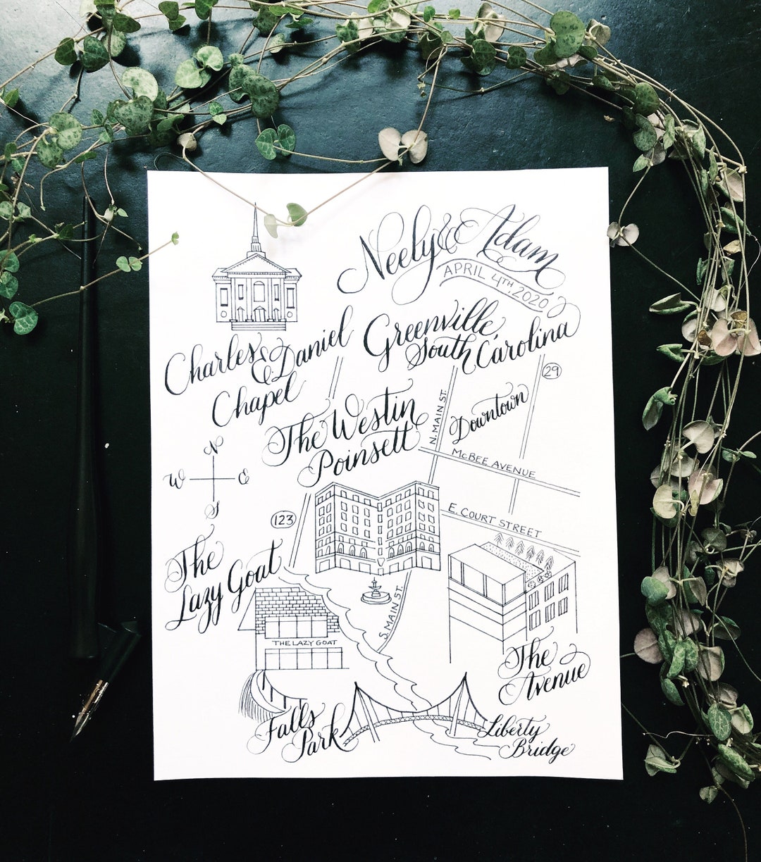 Calligraphy Hand Illustrated Wedding Map / Hand Drawn Map / Hand ...