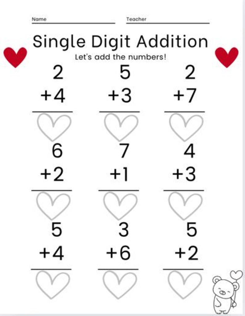 Valentines Addition Worksheet - Etsy