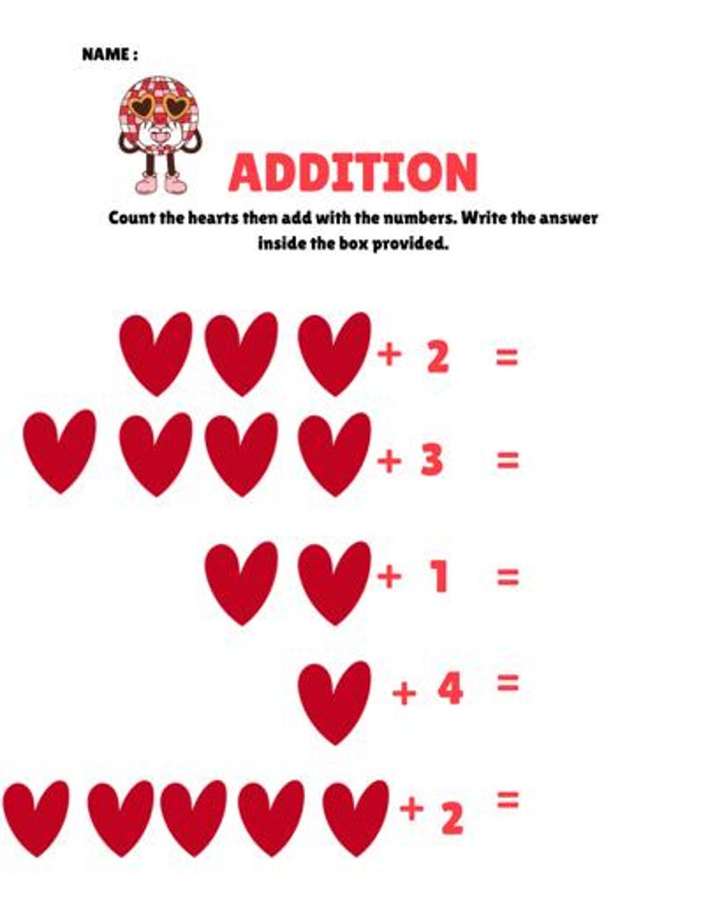 Valentines Addition Worksheet - Etsy