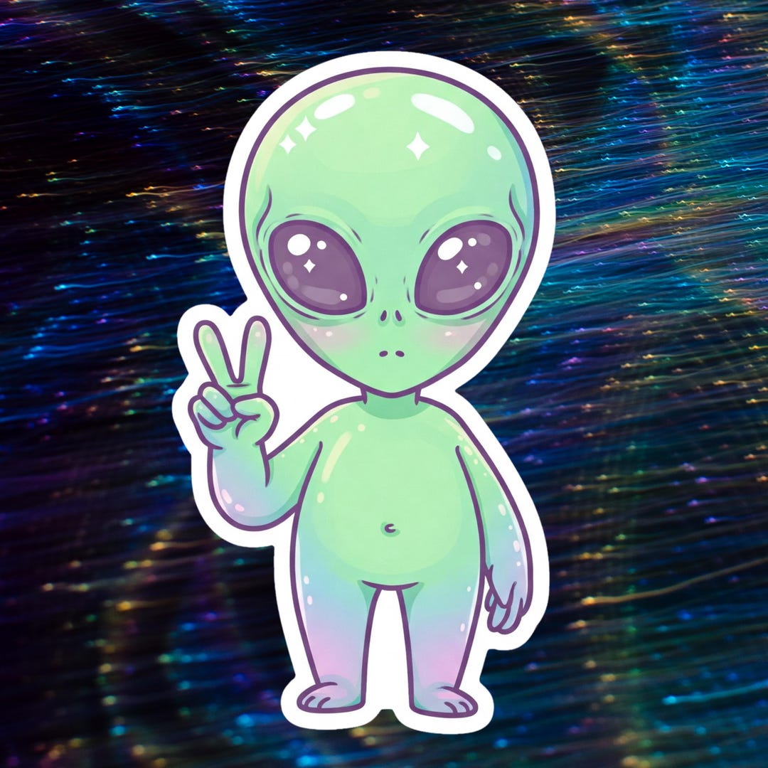 Kawaii Alien Digital Sticker PNG – Peace Sign Holographic Style – Cute ...