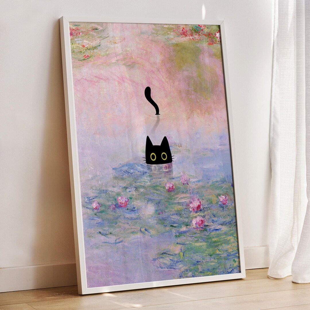 Monet Waterlily Cat Print, Claude Monet Cat Poster, Cat Art, Floral ...