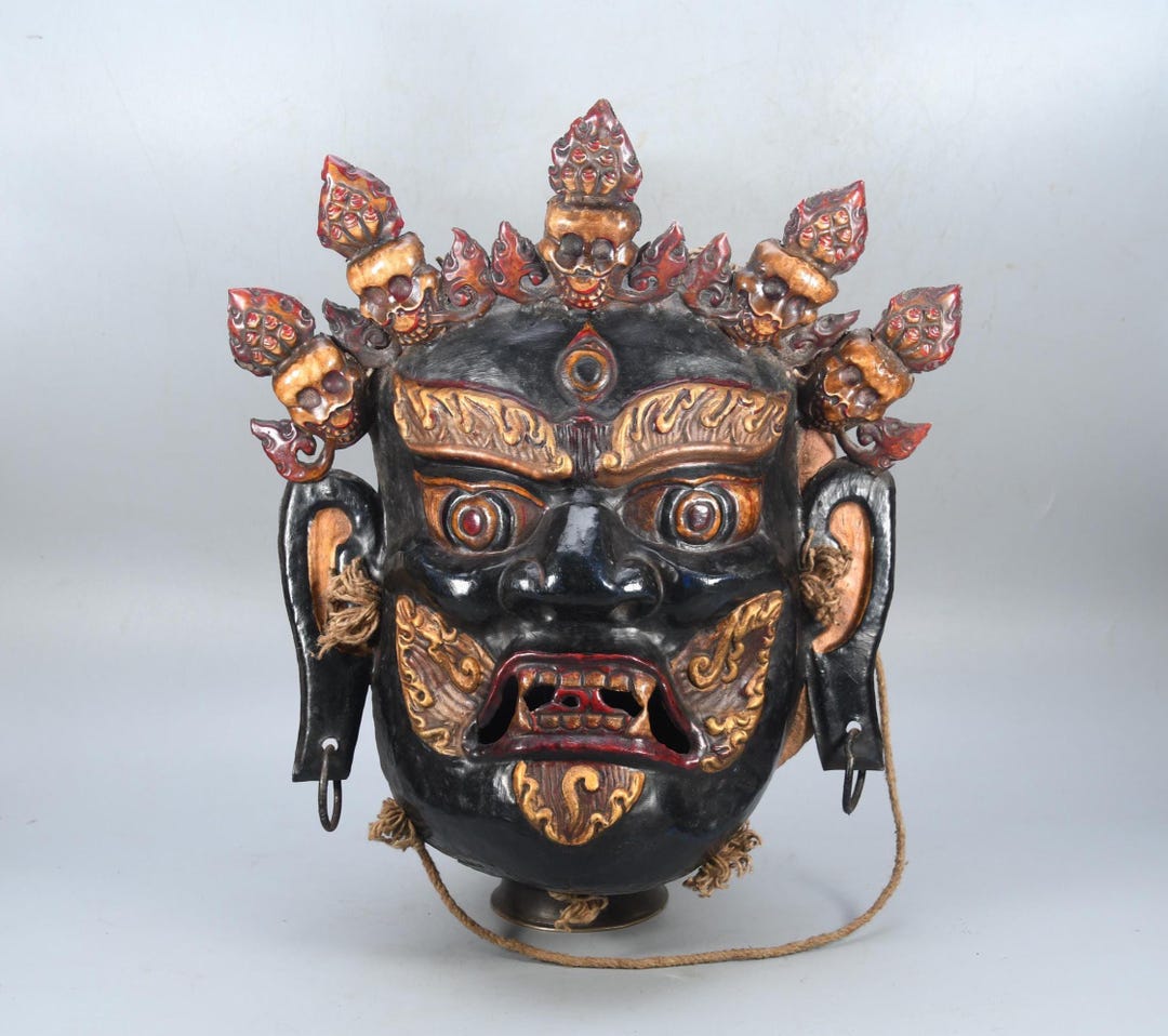 Tibetan Mahakala Mask, Wrathful Deity Wall Hanging, Five Skull Crown ...
